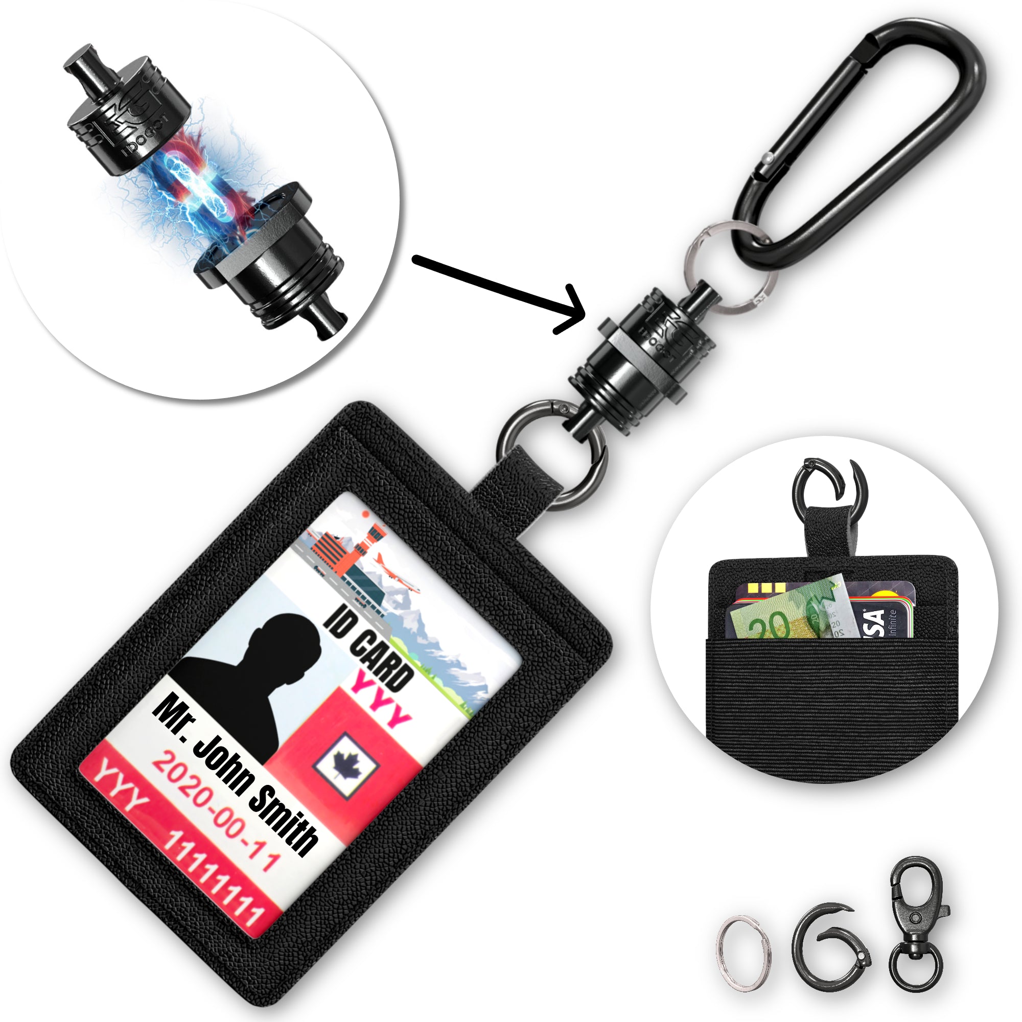 Neodymium Quick-Attach Genuine Leather ID Badge Holder with Carabiner ...