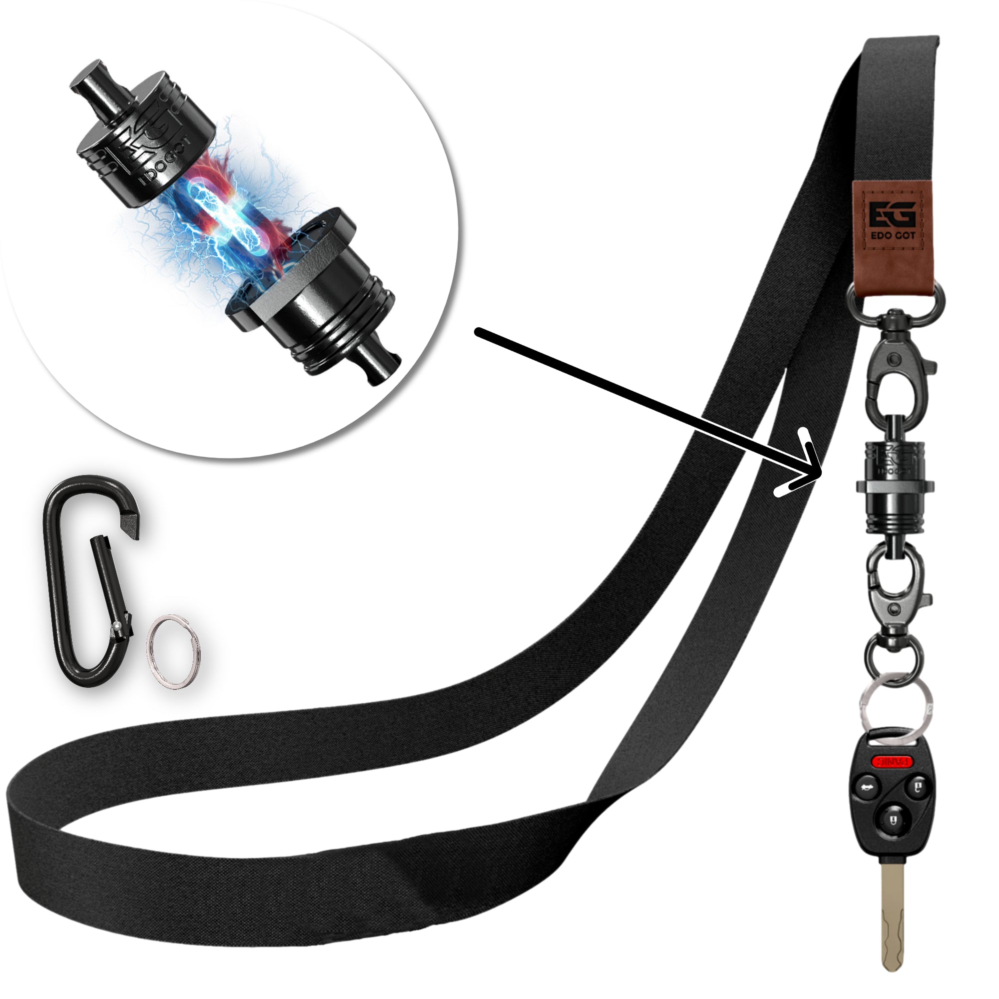 Neodymium Quick-Attach Genuine Leather Lanyard and Carabiner for Keys ...